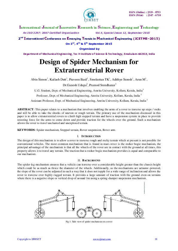 (PDF) Design of Spider Mechanism for Extraterrestrial Rover