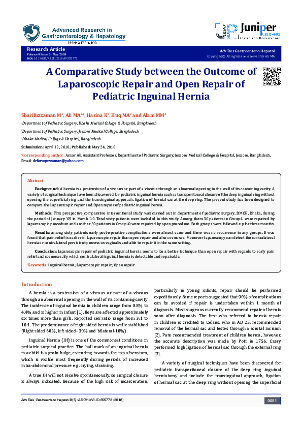 (PDF) A Comparative Study between the Outcome of Laparoscopic Repair and Open Repair of ...
