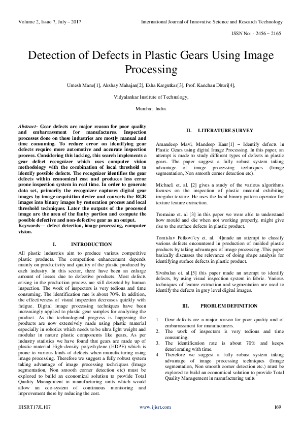 Pdf Detection Of Defects In Plastic Gears Using Image Processing