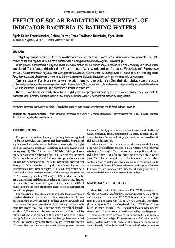 (PDF) Effect of Solar Radiation on Survival of Indicator Bacteria in ...