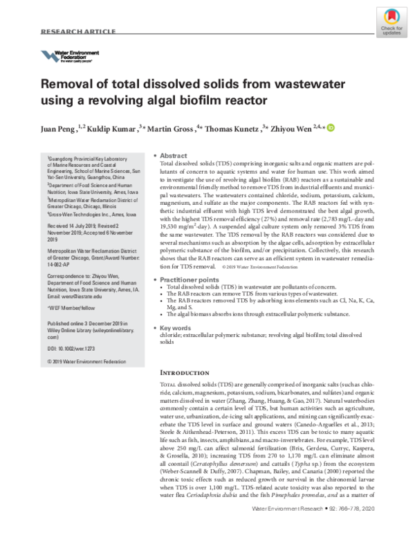 (PDF) Removal of total dissolved solids from wastewater using a revolving algal biofilm reactor