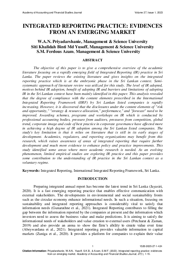 (PDF) INTEGRATED REPORTING PRACTICE: EVIDENCES FROM AN EMERGING MARKET