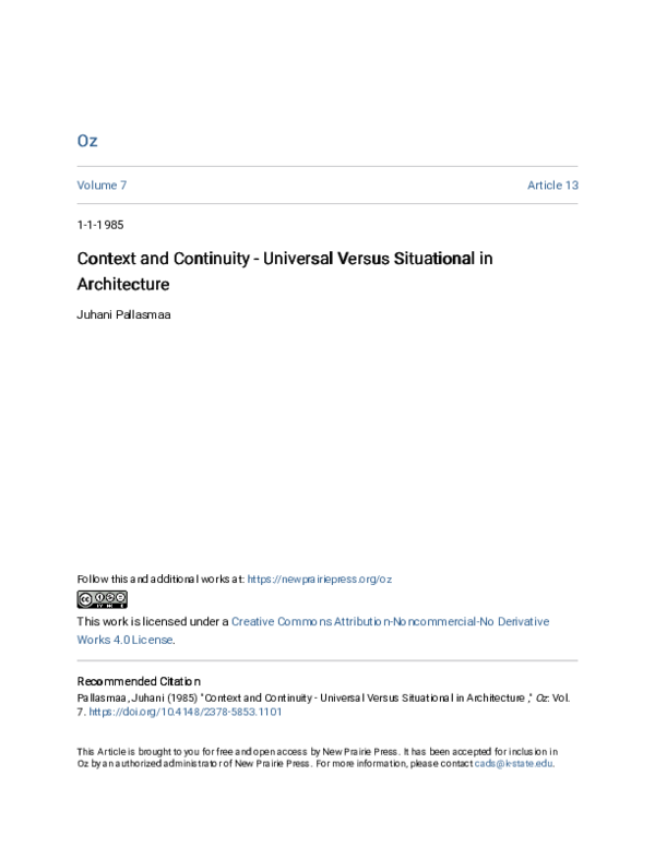 (PDF) Context and Continuity - Universal Versus Situational in Architecture