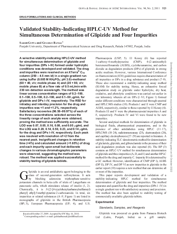 (PDF) Validated Stability-Indicating HPLC-UV Method for Simultaneous Determination of Glipizide ...