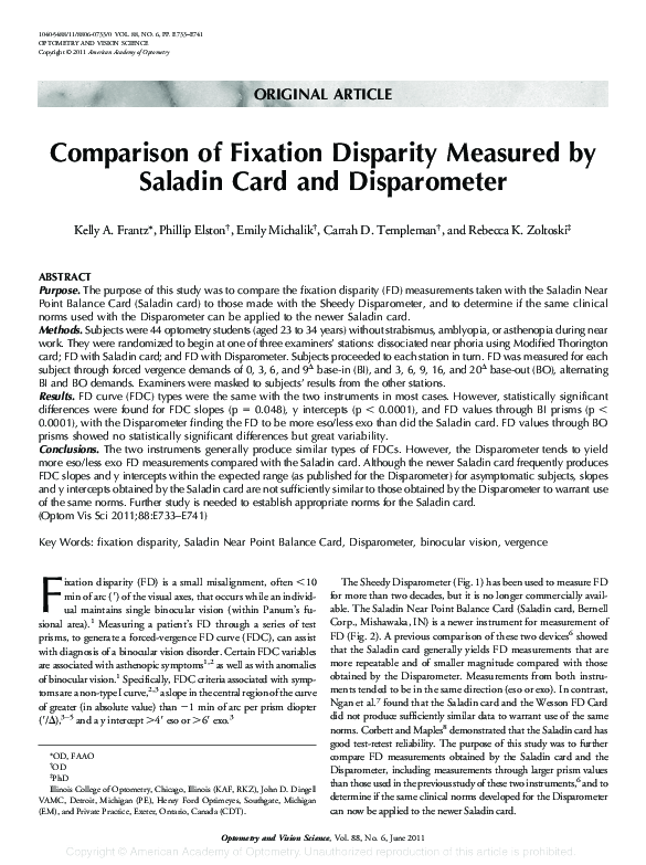 (PDF) Comparison of Fixation Disparity Measured by Saladin Card and ...