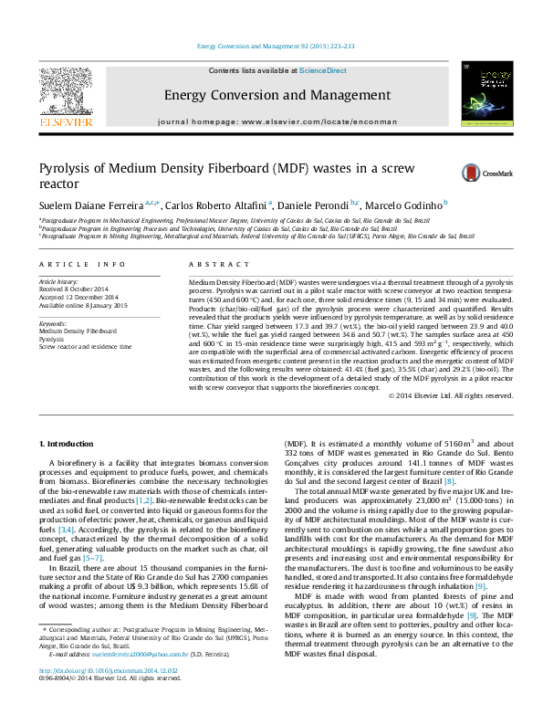(PDF) Pyrolysis of Medium Density Fiberboard (MDF) wastes in a screw ...