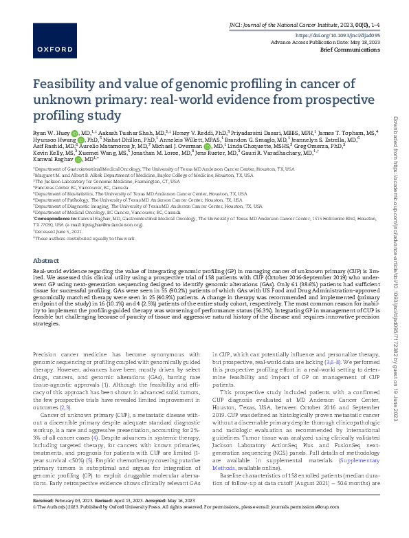 (PDF) Feasibility and value of genomic profiling in cancer of unknown primary: real-world ...