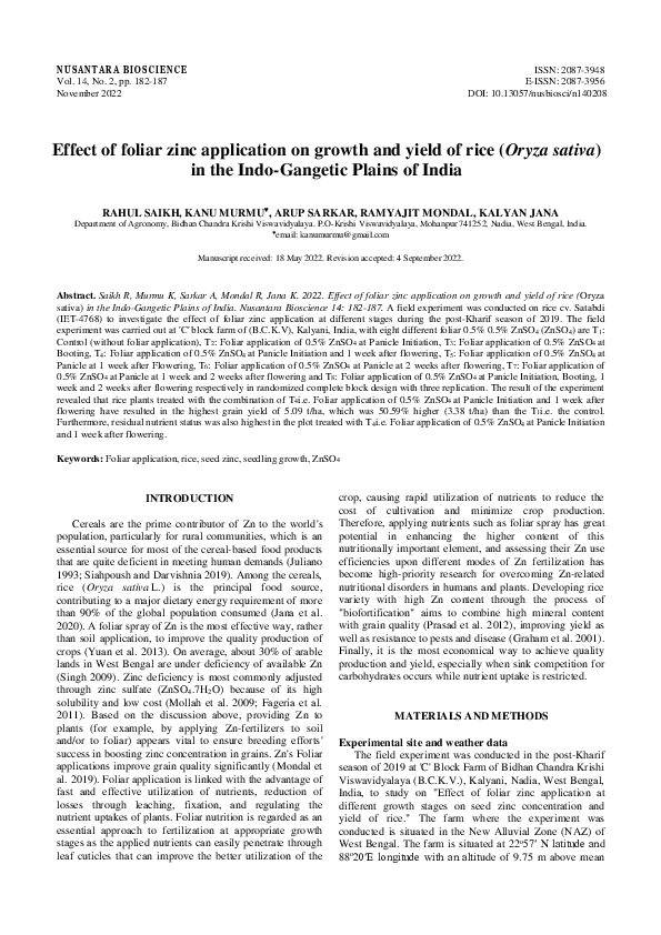 Pdf Effect Of Foliar Zinc Application On Growth And Yield Of Rice
