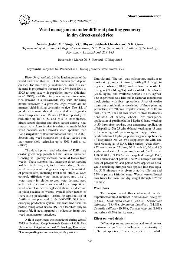 (PDF) Weed management under different planting geometry in dry direct ...