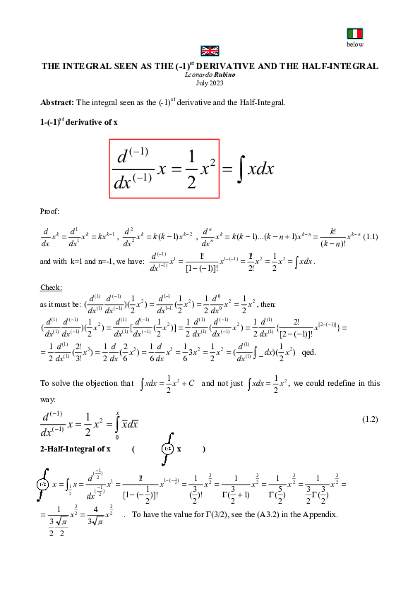 (PDF) THE INTEGRAL SEEN AS THE (-1) st DERIVATIVE AND THE HALF-INTEGRAL