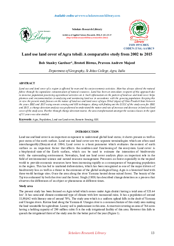 (PDF) Land use land cover of Agra tehsil: A comparative study from 2002 ...