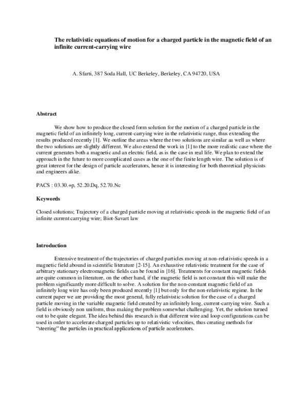 (PDF) The Relativistic Equations of Motion for a Charged Particle in the Magnetic Field of an ...