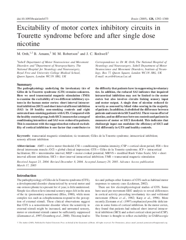 (PDF) Excitability of motor cortex inhibitory circuits in Tourette ...