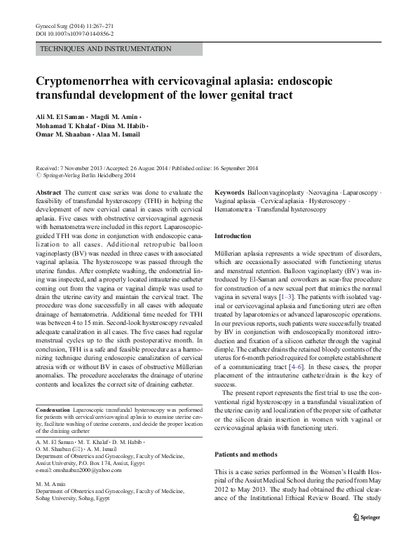 (PDF) Cryptomenorrhea with cervicovaginal aplasia: endoscopic ...