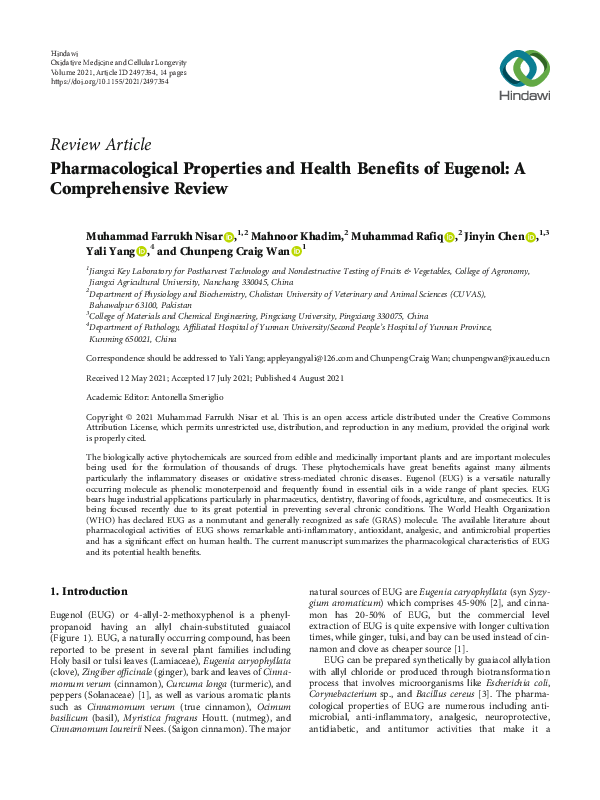 (PDF) Pharmacological Properties and Health Benefits of Eugenol: A Comprehensive Review
