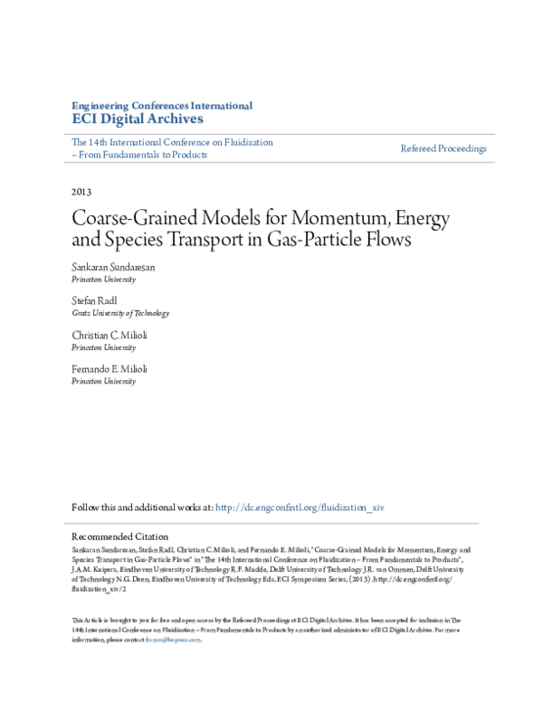 (PDF) Coarse-grained models for momentum, energy and species transport in gas-particle flows