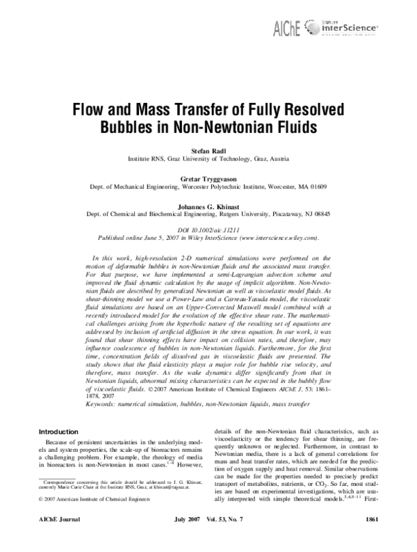 (PDF) Flow and mass transfer of fully resolved bubbles in non-Newtonian fluids | Stefan Radl ...