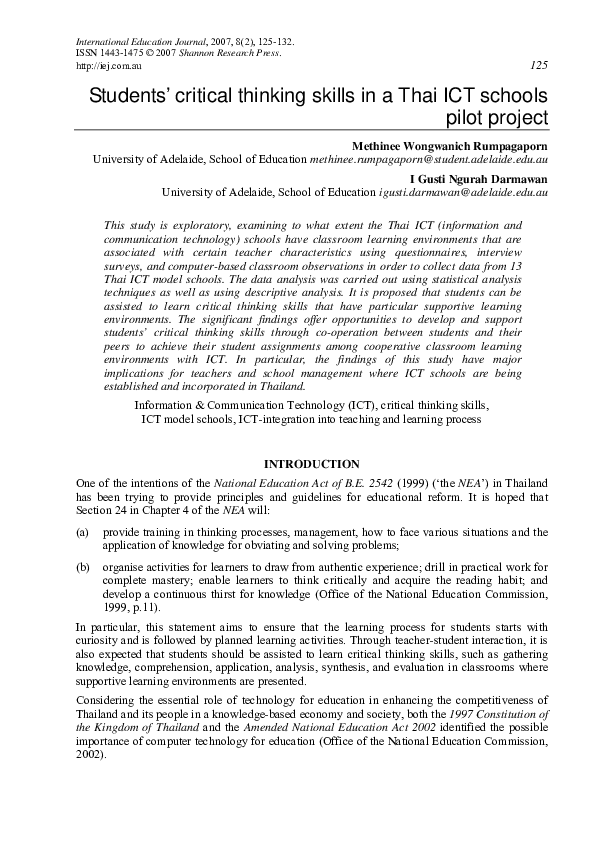(PDF) Students' Critical Thinking Skills in a Thai ICT Schools Pilot ...