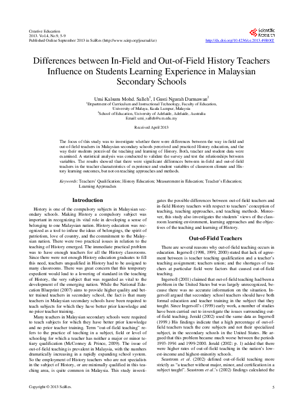 (PDF) Differences between In-Field and Out-of-Field History Teachers Influence on Students ...