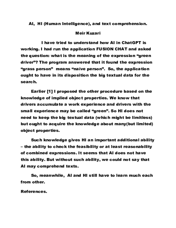 (PDF) AI, HI (Human Intelligence), and text comprehension
