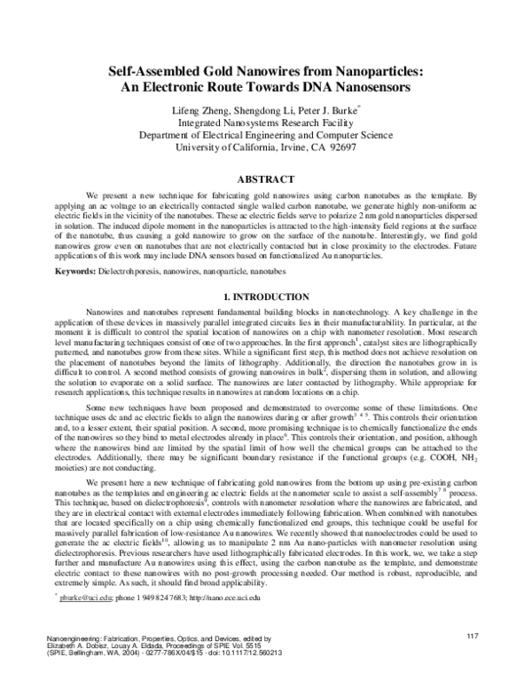 (PDF) Self-assembled gold nanowires from nanoparticles: an electronic route towards DNA ...