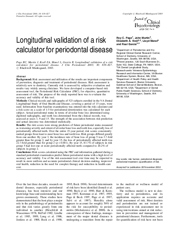 (PDF) Longitudinal validation of a risk calculator for periodontal disease