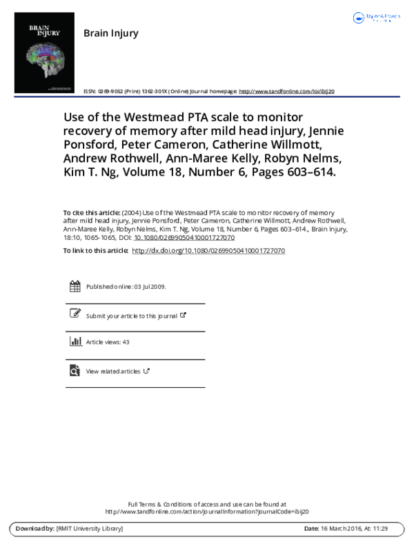 (PDF) Use of the Westmead PTA scale to monitor recovery of memory after ...