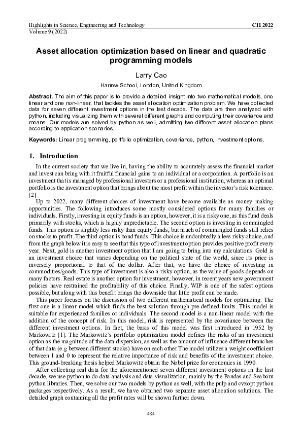 (PDF) Asset allocation optimization based on linear and quadratic ...
