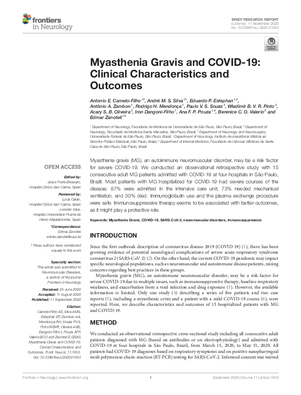 (PDF) Myasthenia Gravis and COVID-19: Clinical Characteristics and Outcomes