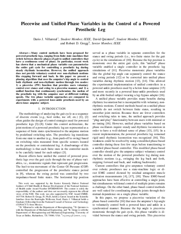 (PDF) Piecewise and unified phase variables in the control of a powered prosthetic leg