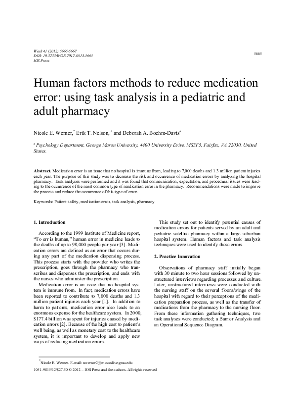 (PDF) Human factors methods to reduce medication error: using task ...
