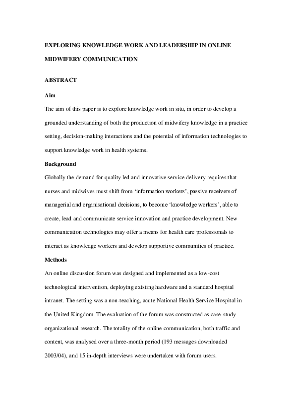 (PDF) Exploring knowledge work and leadership in online midwifery ...