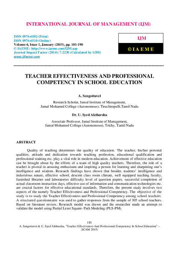 (PDF) TEACHER EFFECTIVENESS AND PROFESSIONAL COMPETENCY IN SCHOOL EDUCATION