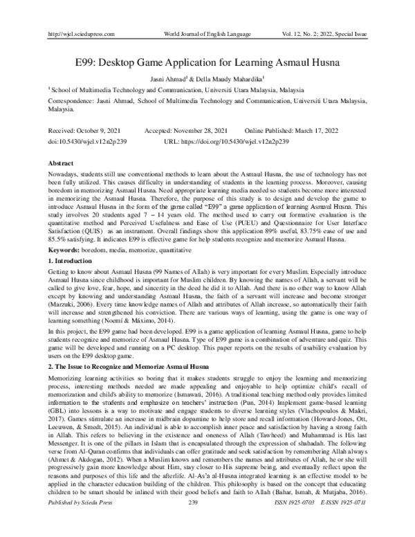 (PDF) E99: Desktop Game Application for Learning Asmaul Husna