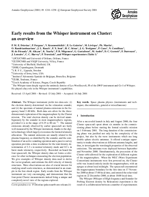 (PDF) Early results from the Whisper instrument on Cluster: an overview