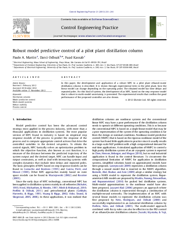 (PDF) Robust model predictive control of a pilot plant distillation column
