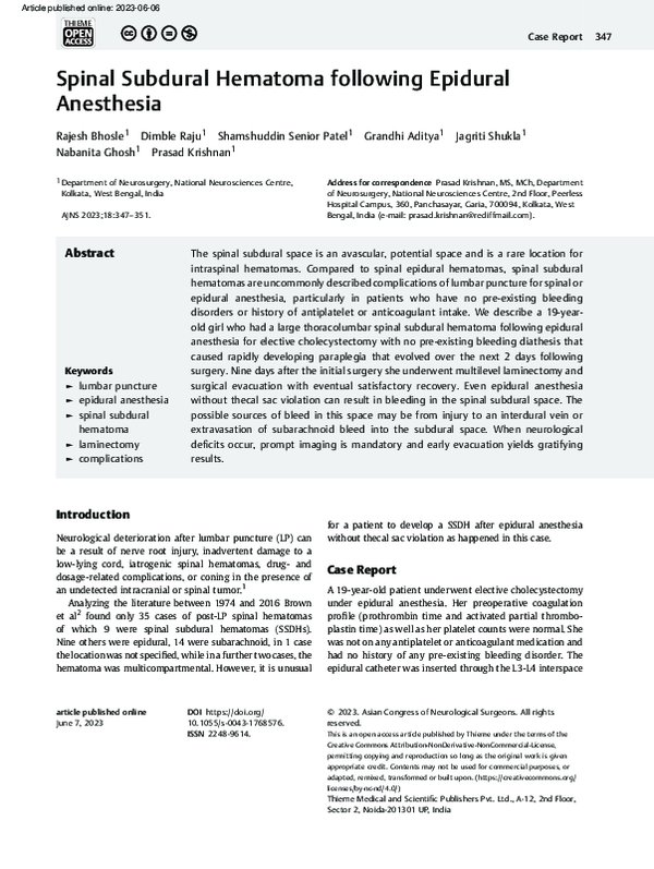 (PDF) Spinal Subdural Hematoma following Epidural Anesthesia | rajesh ...