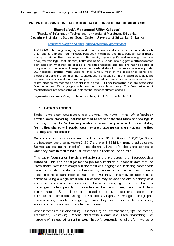 Pdf Preprocessing On Facebook Data For Sentiment Analysis