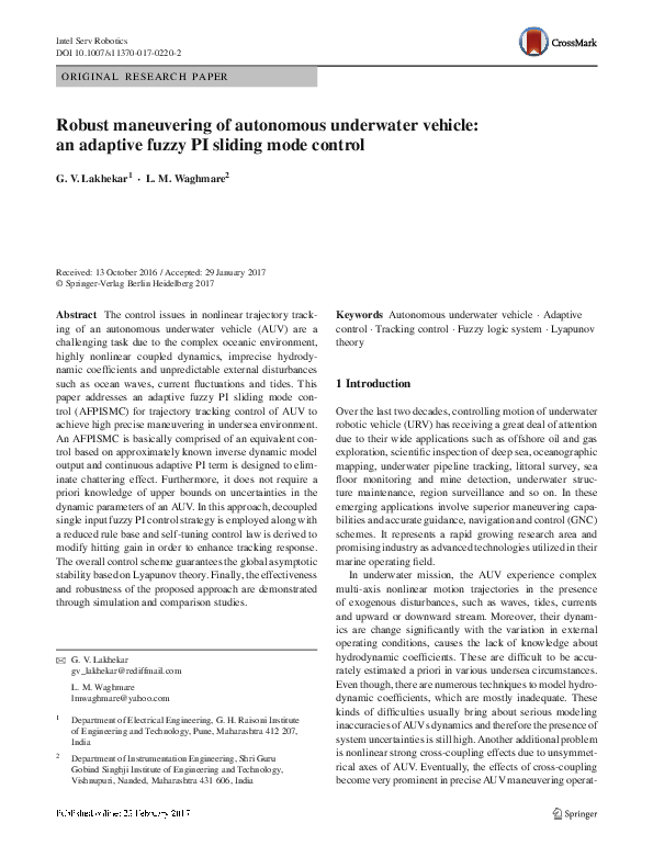 (PDF) Robust maneuvering of autonomous underwater vehicle: an adaptive fuzzy PI sliding mode control