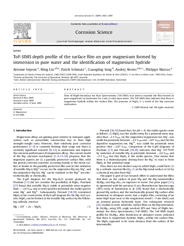 (PDF) ToF-SIMS Analysis of Magnesium Surface Film