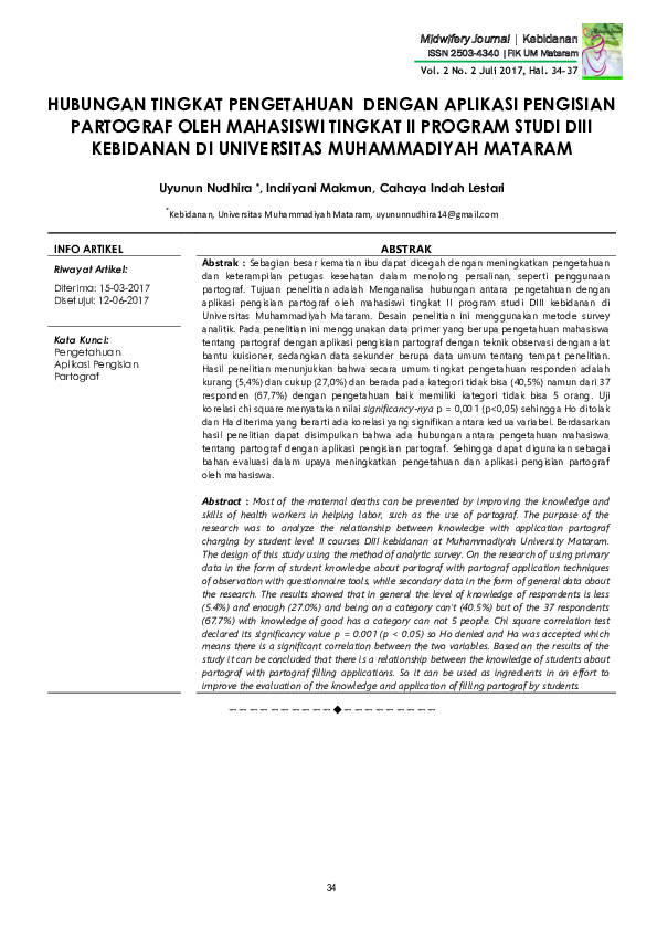 (PDF) Hubungan Tingkat Pengetahuan Dengan Aplikasi Pengisian Partograf Oleh Mahasiswi Tingkat II ...