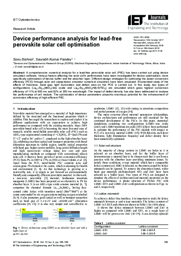 (PDF) Device performance analysis for lead‐free perovskite solar cell optimisation