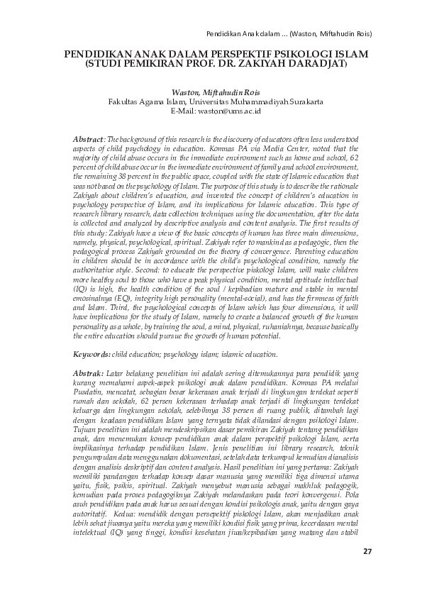 (PDF) PENDIDIKAN ANAK DALAM PERSPEKTIF PSIKOLOGI ISLAM (STUDI PEMIKIRAN PROF. DR. ZAKIYAH DARADJAT