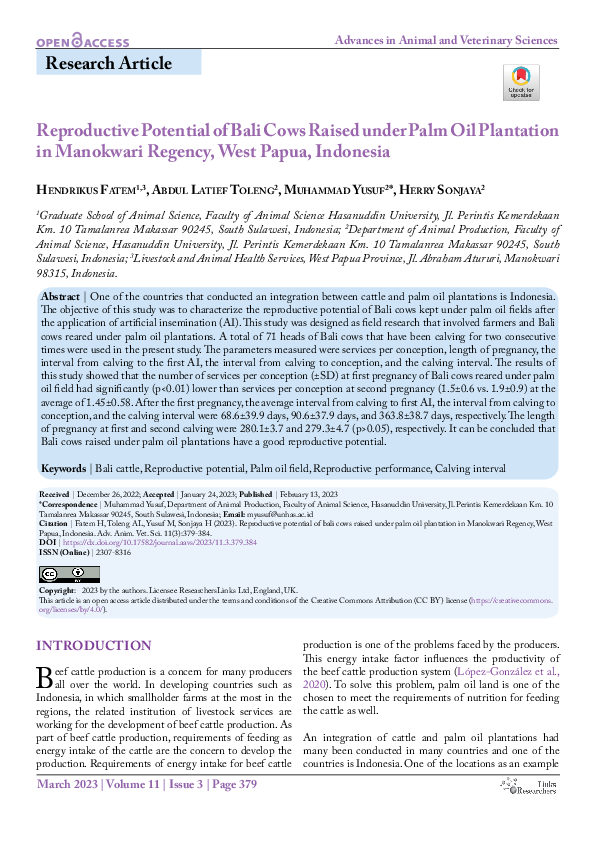 (PDF) Reproductive Potential of Bali Cows Raised under Palm Oil Plantation in Manokwari Regency ...