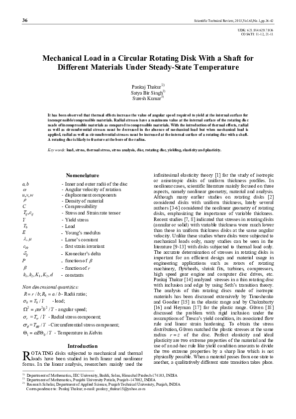 (PDF) Mechanical load in a circular rotating disk with a shaft for ...