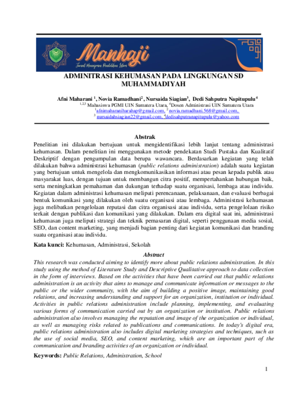 (PDF) ADMINITRASI KEHUMASAN PADA LINGKUNGAN SD MUHAMMADIYAH