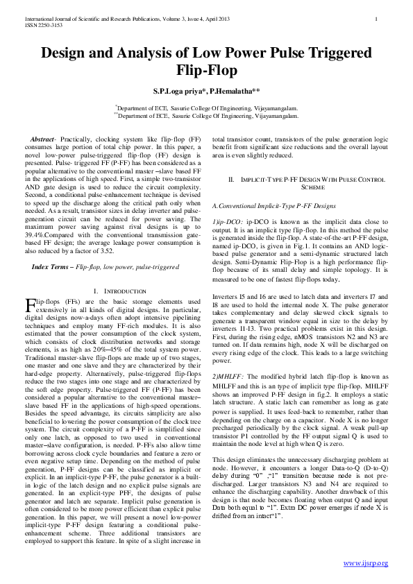 (PDF) Design and Analysis of Low Power Pulse Triggered Flip-Flop