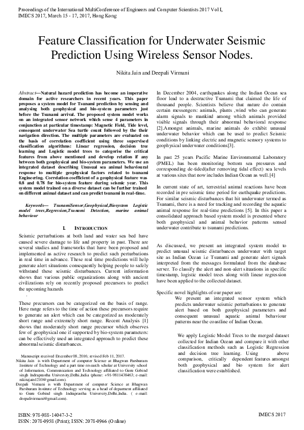 (PDF) Feature Classification for Underwater Seismic Prediction Using Wireless Sensor Nodes