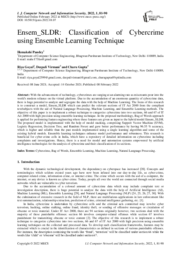 (PDF) Ensem_SLDR: Classification of Cybercrime using Ensemble Learning Technique