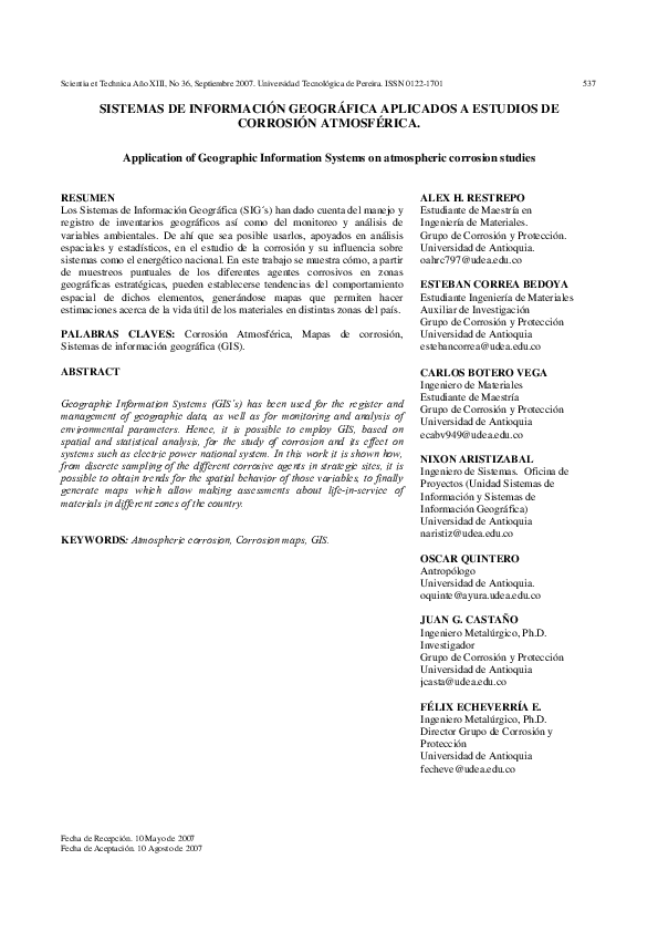 (PDF) Sistemas de información geográfica aplicados a estudios de corrosión atmosférica